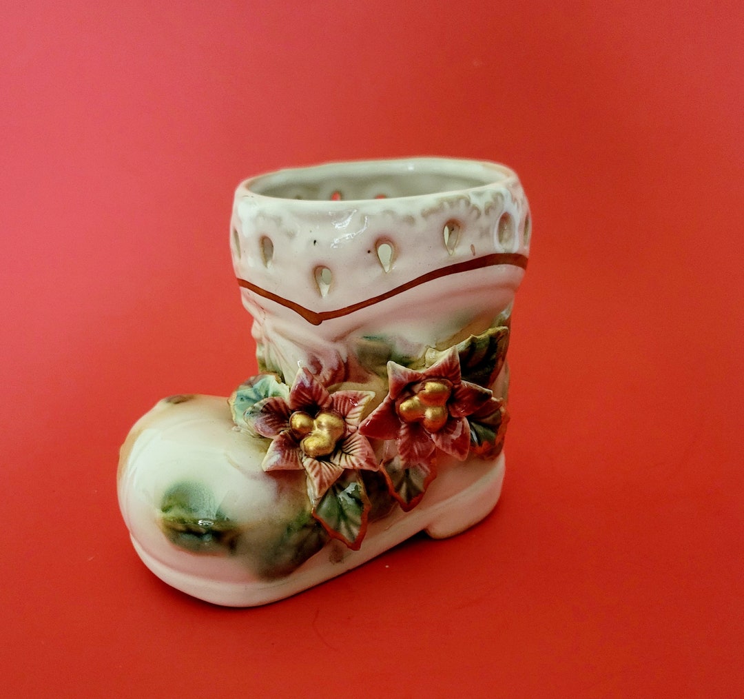 Vintage Ceramic Christmas Boot Planter - Poinsettia Holiday Decor - Etsy