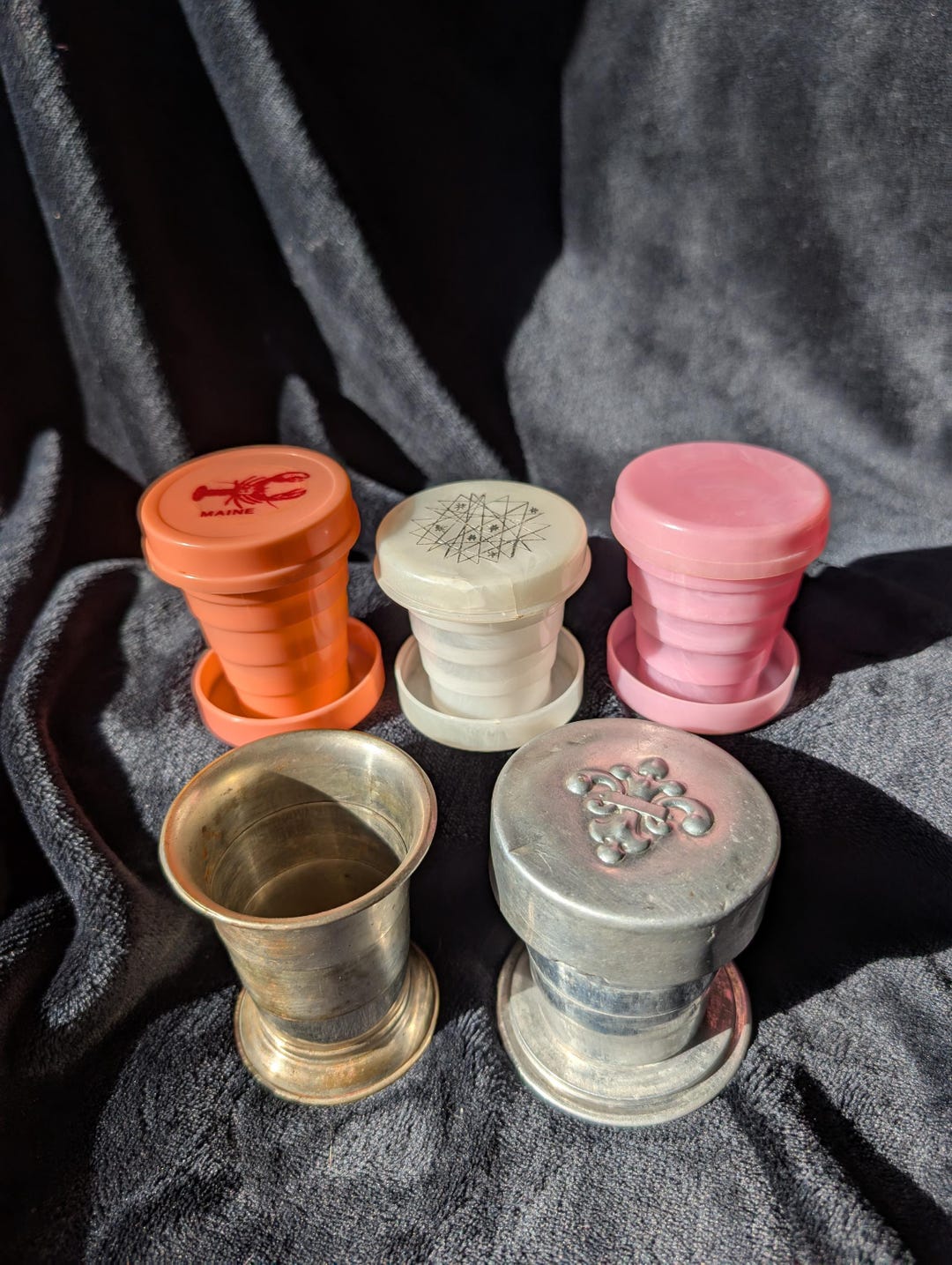 Vintage Collapsible Cups Silver, Pink, White/ Metal and Plastic ...
