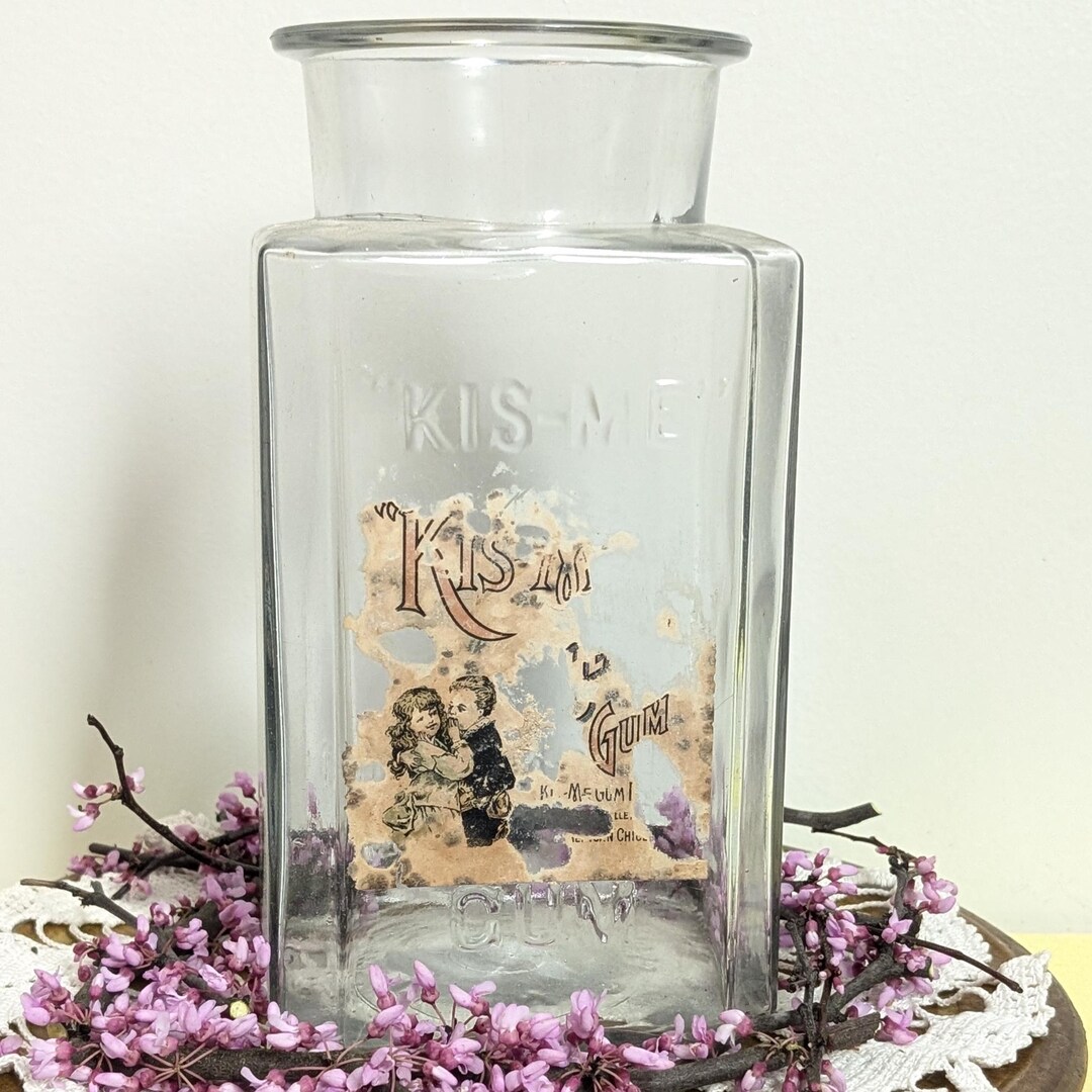 Antique Kis-me Gum Jar | Embossed Glass Advertising With Label ...