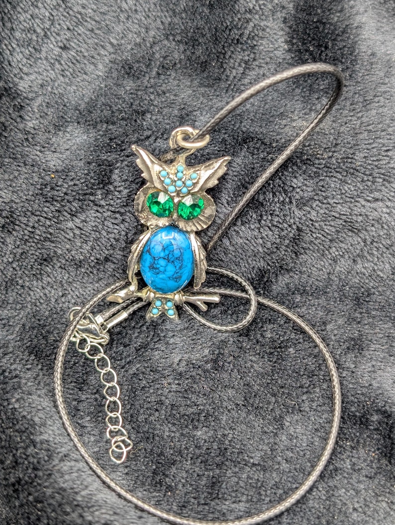 Vintage Turquoise Jelly Belly Owl Pendant - Blue Rhinestone Accents ...