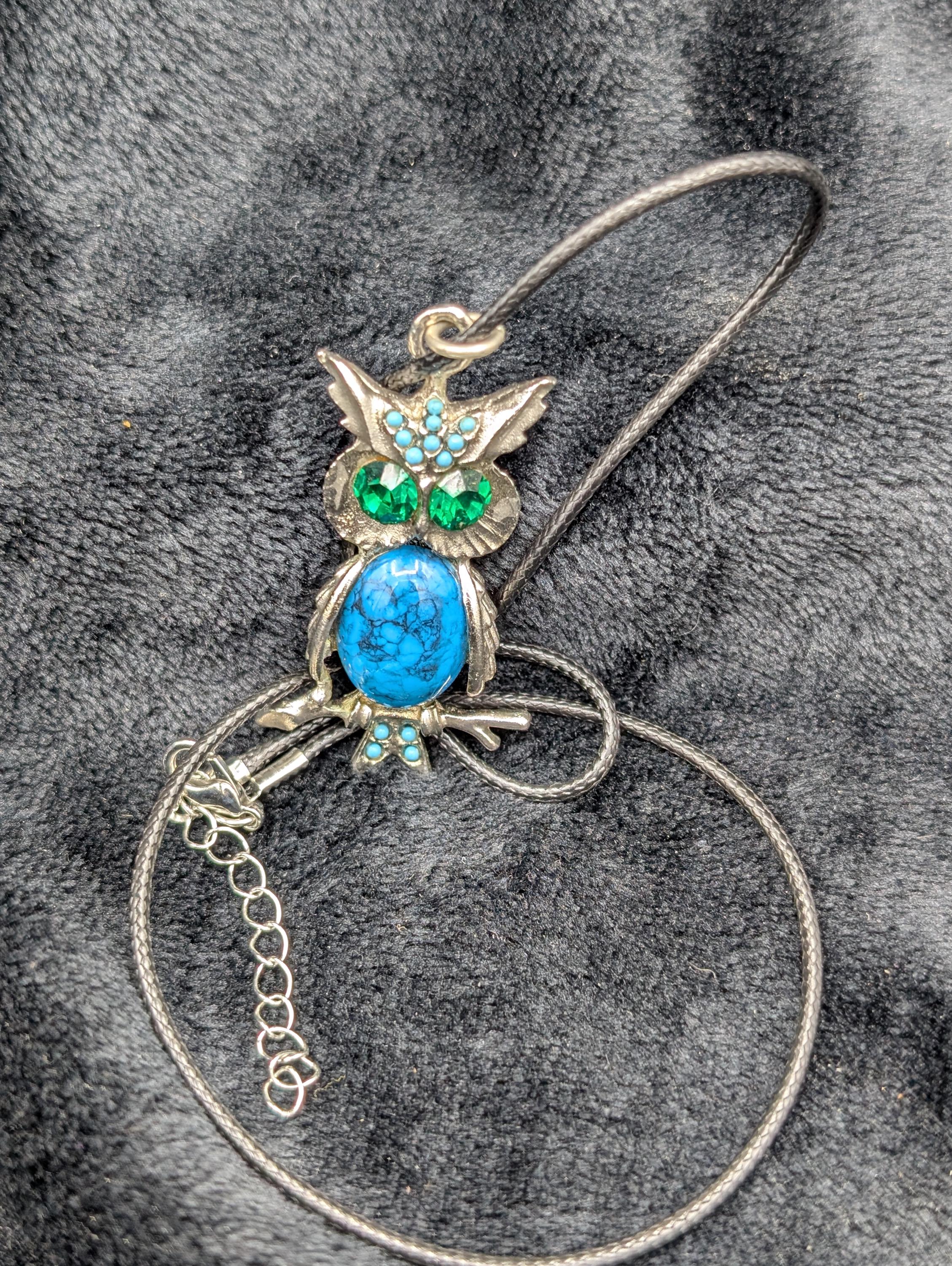 Vintage Turquoise Jelly Belly Owl Pendant - Blue Rhinestone Accents ...