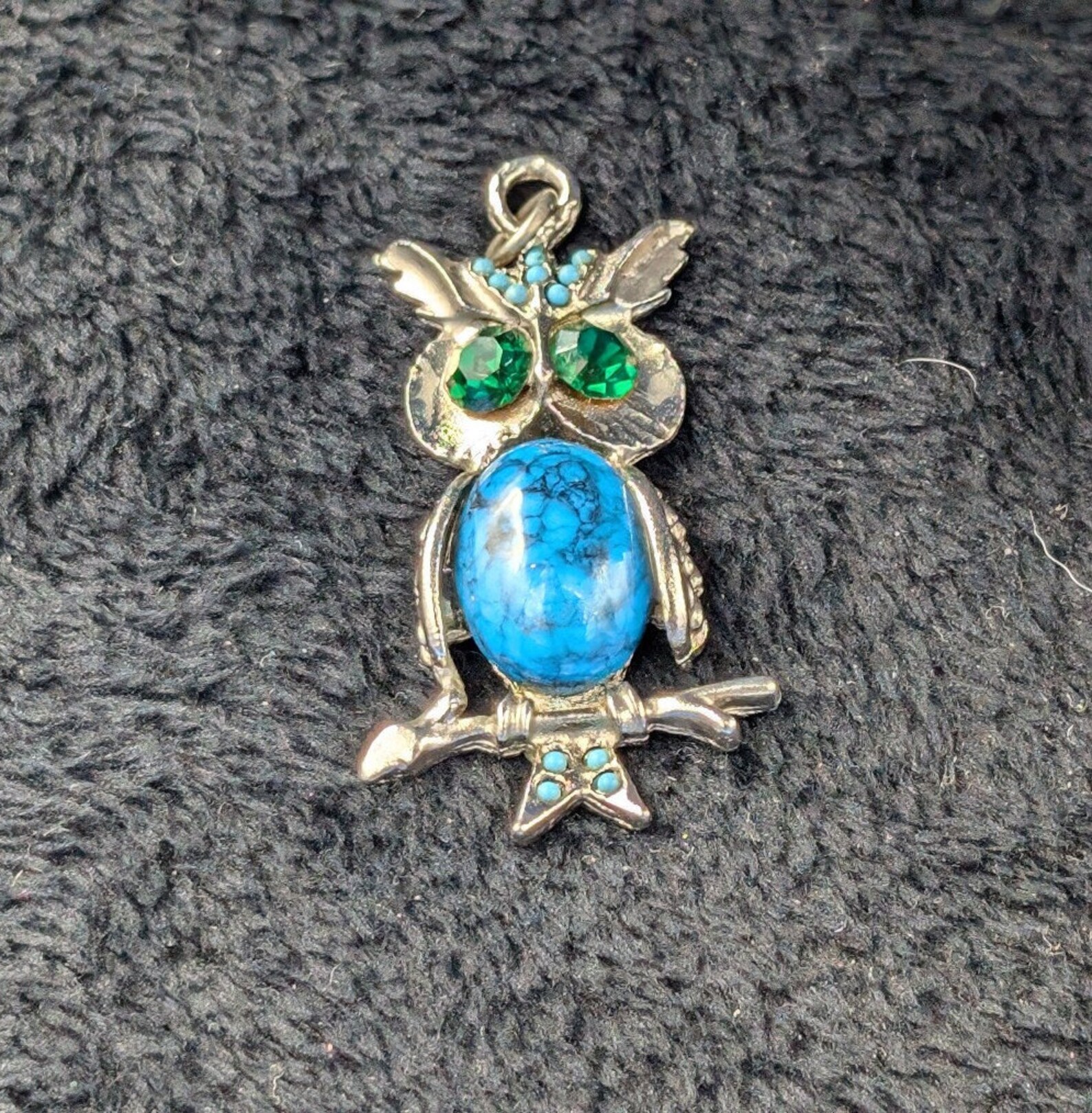 Vintage Turquoise Jelly Belly Owl Pendant - Blue Rhinestone Accents ...