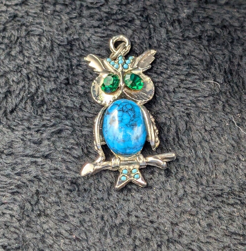 Vintage Turquoise Jelly Belly Owl Pendant - Blue Rhinestone Accents ...