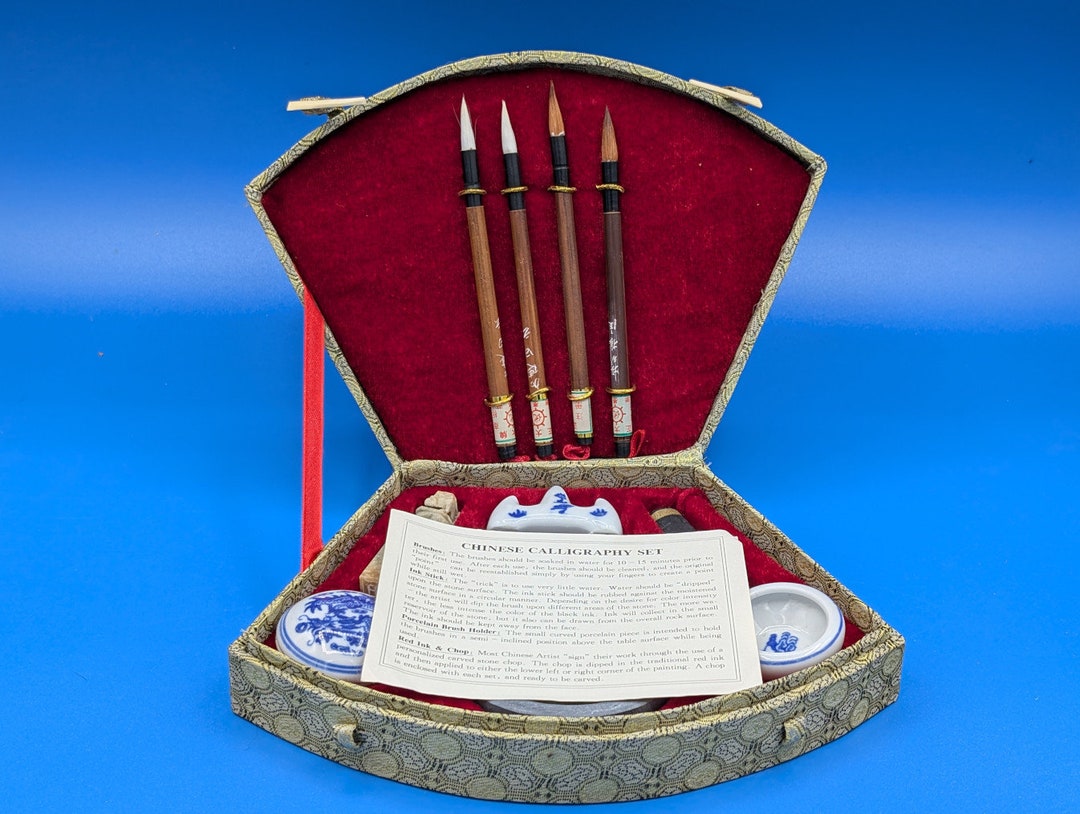 Vintage Chinese Calligraphy Set With Ink Stone, Brushes & Porcelain ...