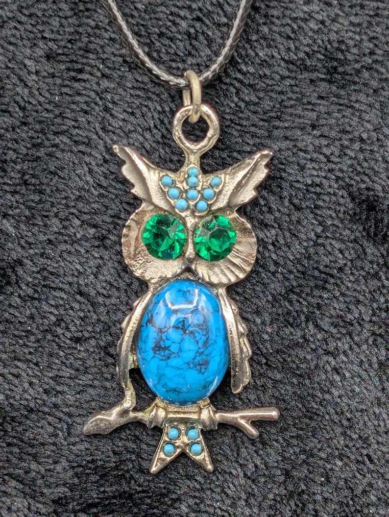 Vintage Turquoise Jelly Belly Owl Pendant - Blue Rhinestone Accents ...