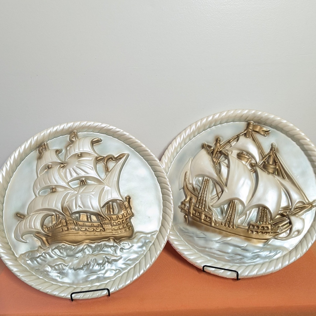 RARE: 1940s Nautical Chalkware Wall Art Set | Vintage Tall Ship Relief ...