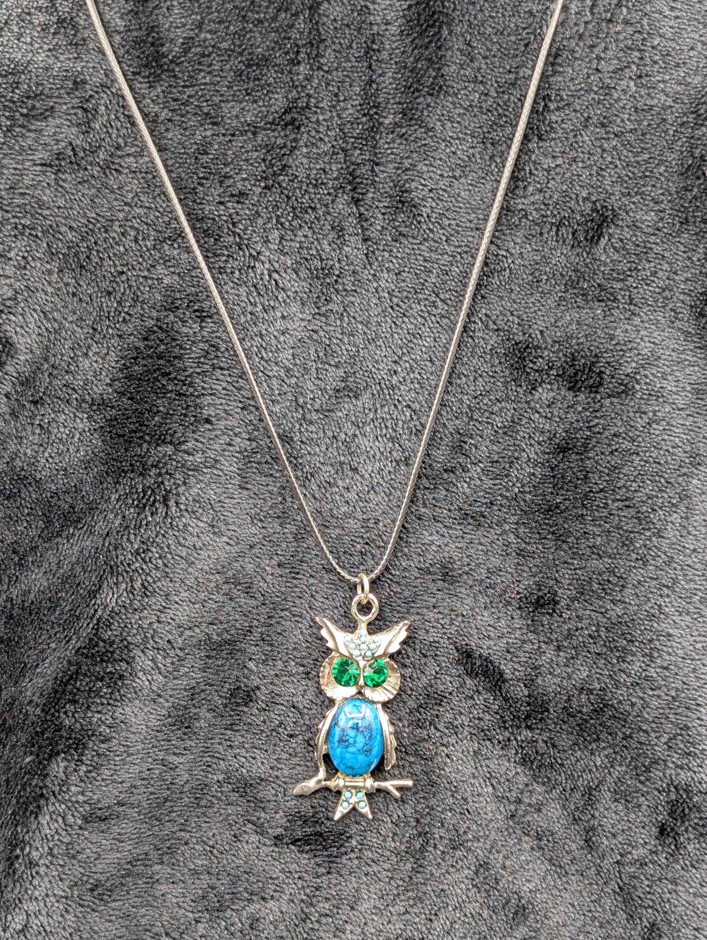 Vintage Turquoise Jelly Belly Owl Pendant - Blue Rhinestone Accents ...