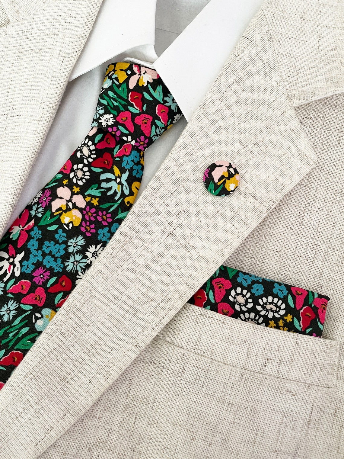 Black Necktie With Colorful Flowers, Handmade Black Floral Necktie ...