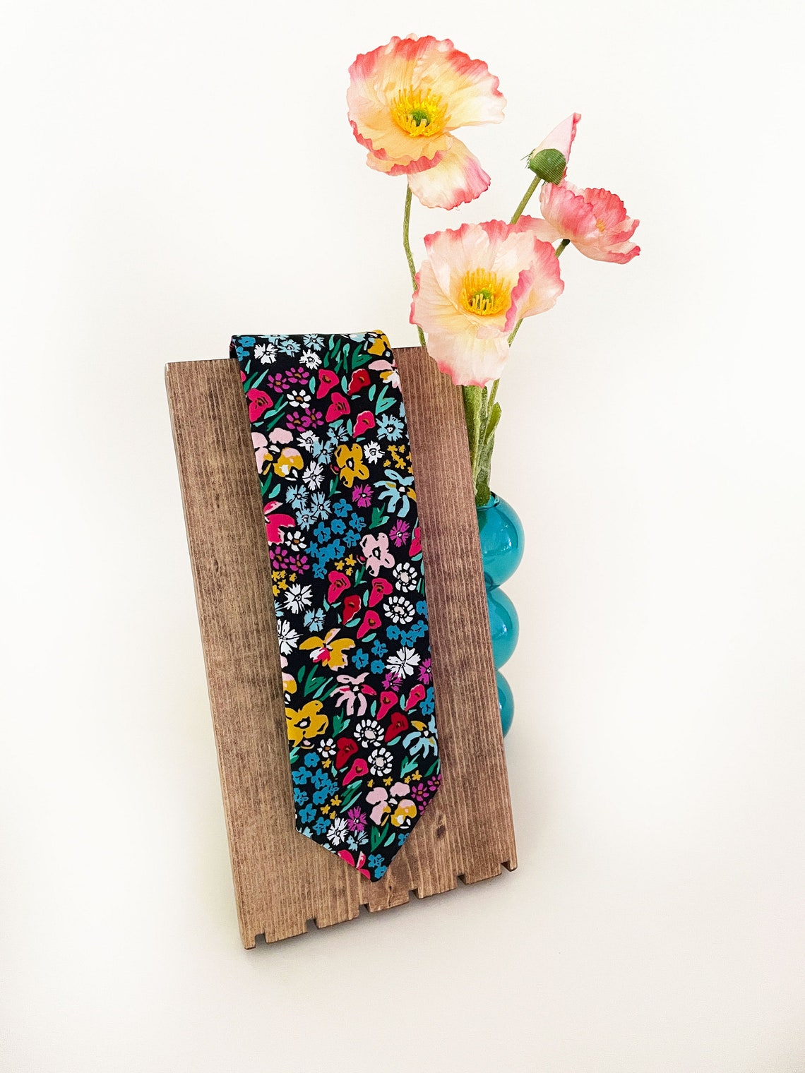 Black Necktie With Colorful Flowers, Handmade Black Floral Necktie ...
