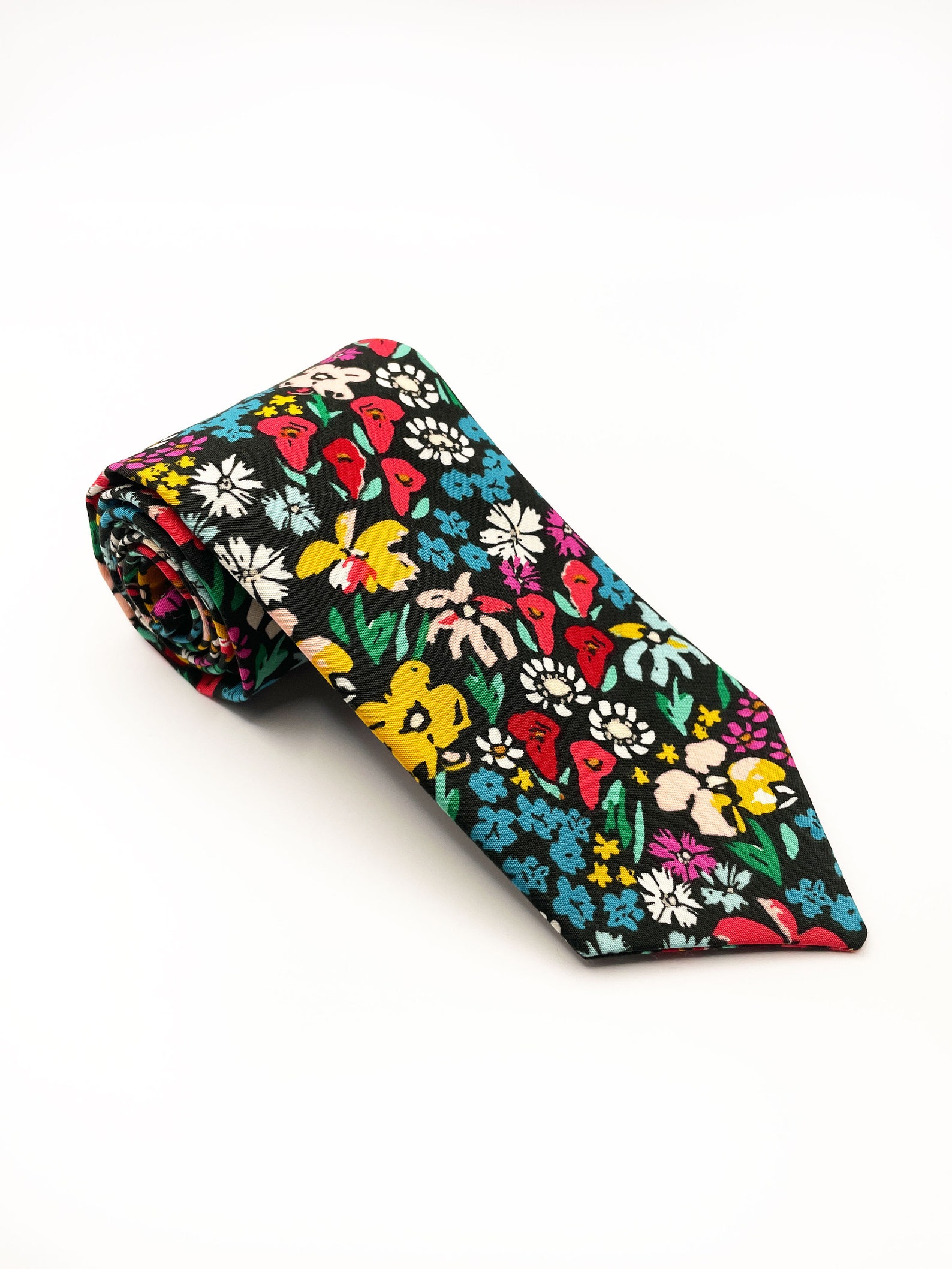 Black Necktie With Colorful Flowers, Handmade Black Floral Necktie ...