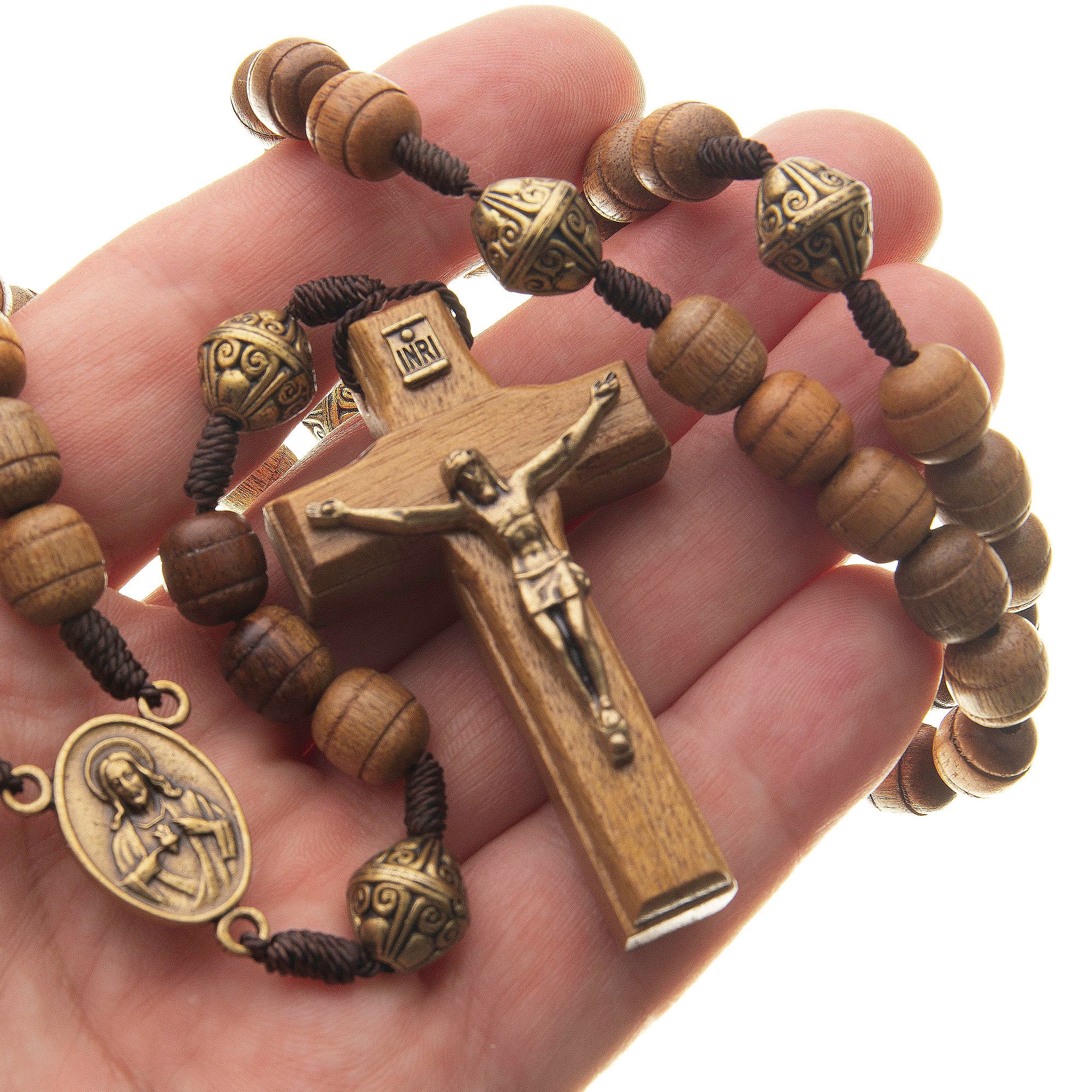 Rosary Necklace for Men Wooden Brown Carved Beads Strong Cord Rope ...
