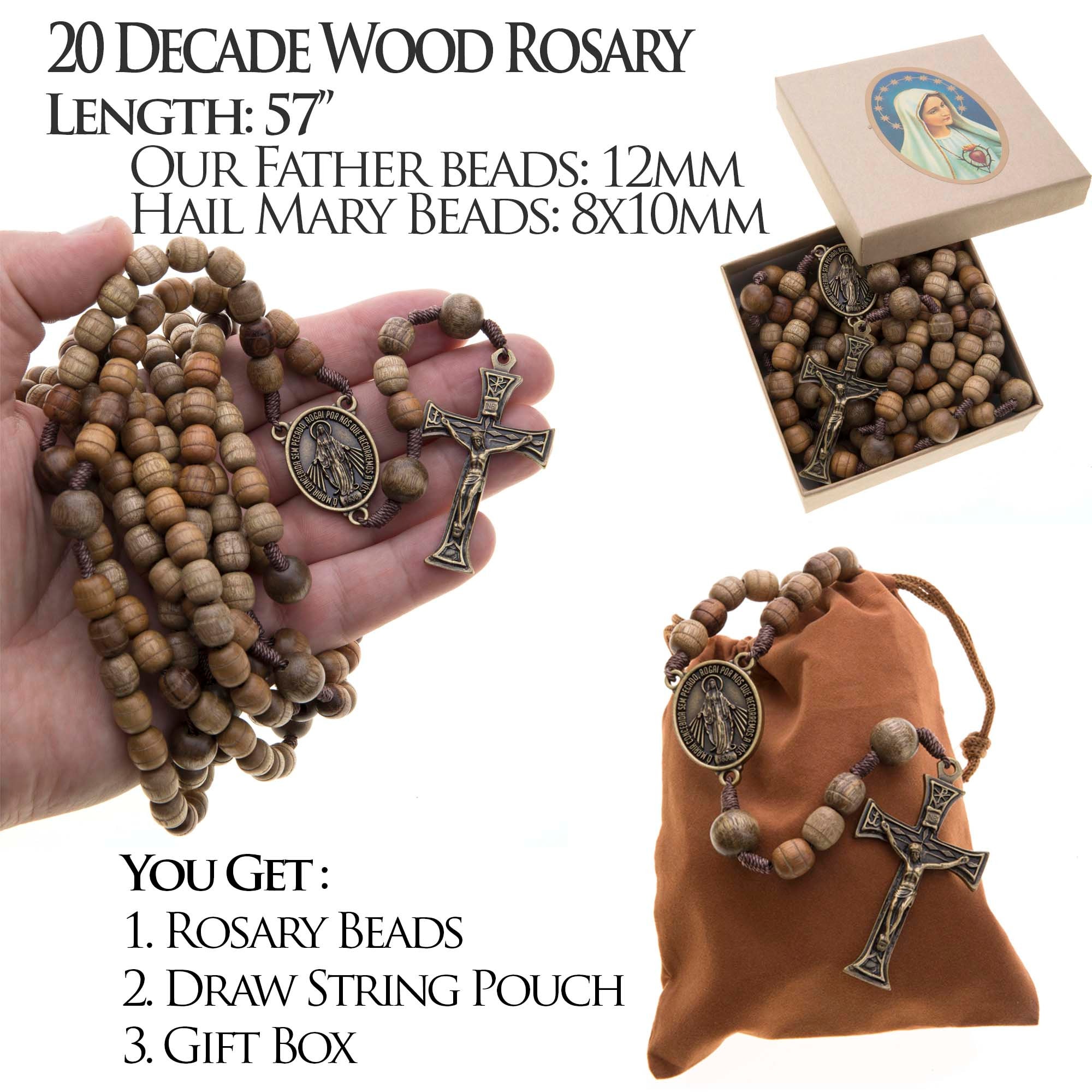 20 Decade Large Wooden Catholic Rosary Corded Men Women Brown Carved ...