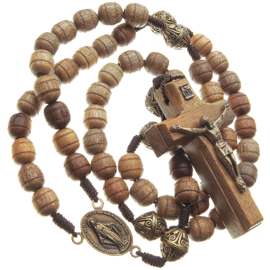 Rosary Necklace for Men Wooden Brown Carved Beads Strong Cord Rope ...