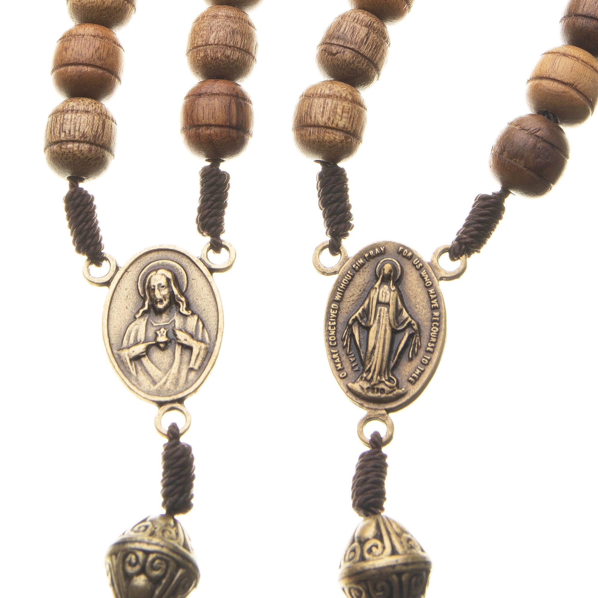 Rosary Necklace for Men Wooden Brown Carved Beads Strong Cord Rope ...