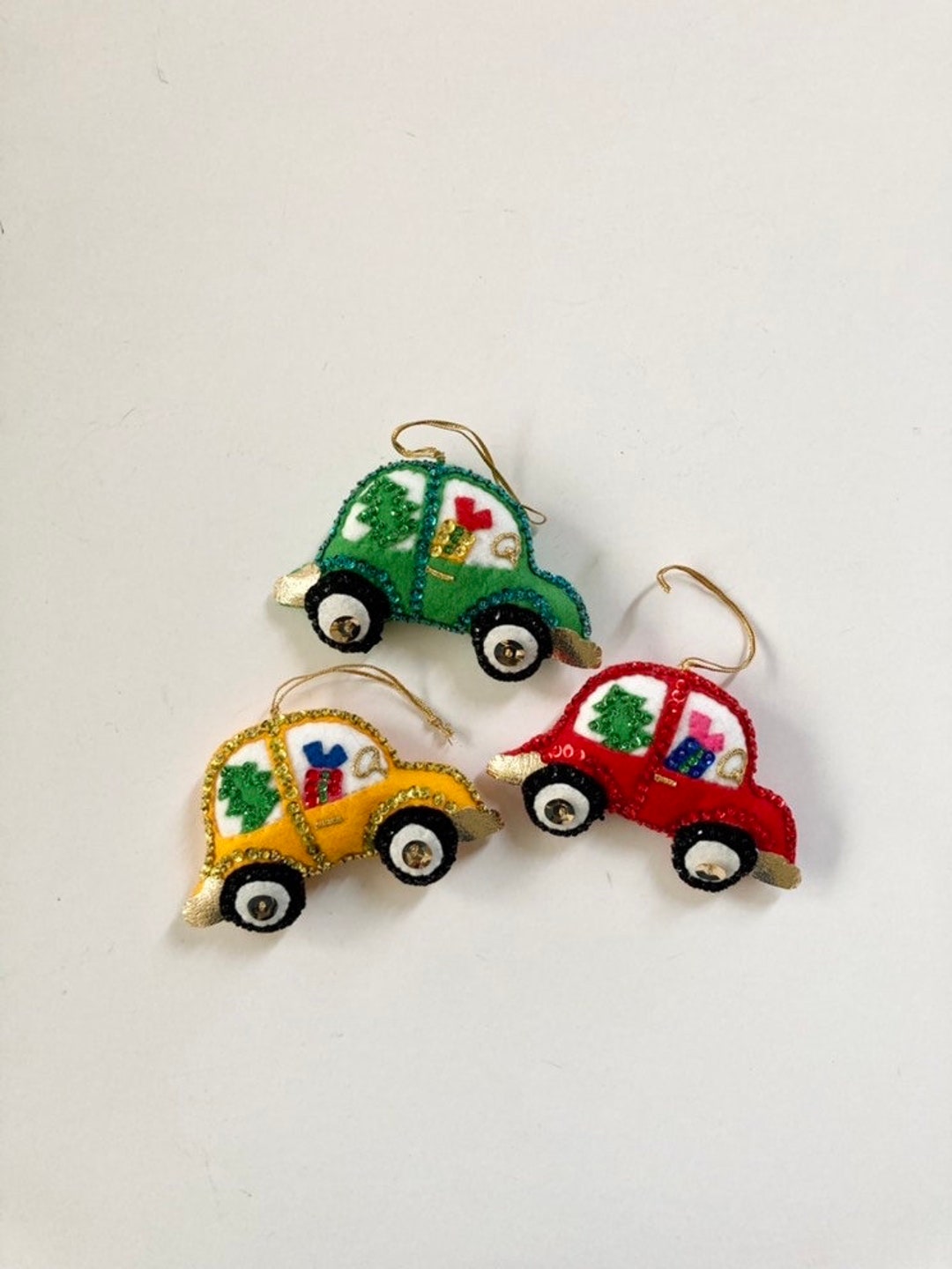 Vintage Felt Sequin Ornaments - Bucilla Christmas Cars Handmade Felt ...