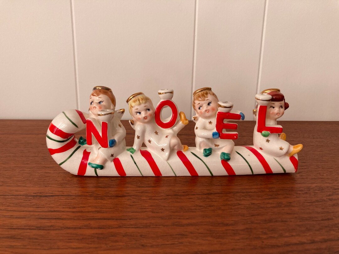 Vintage Relco Japan Candy Cane Sled Angels Christmas Candle Holder ...