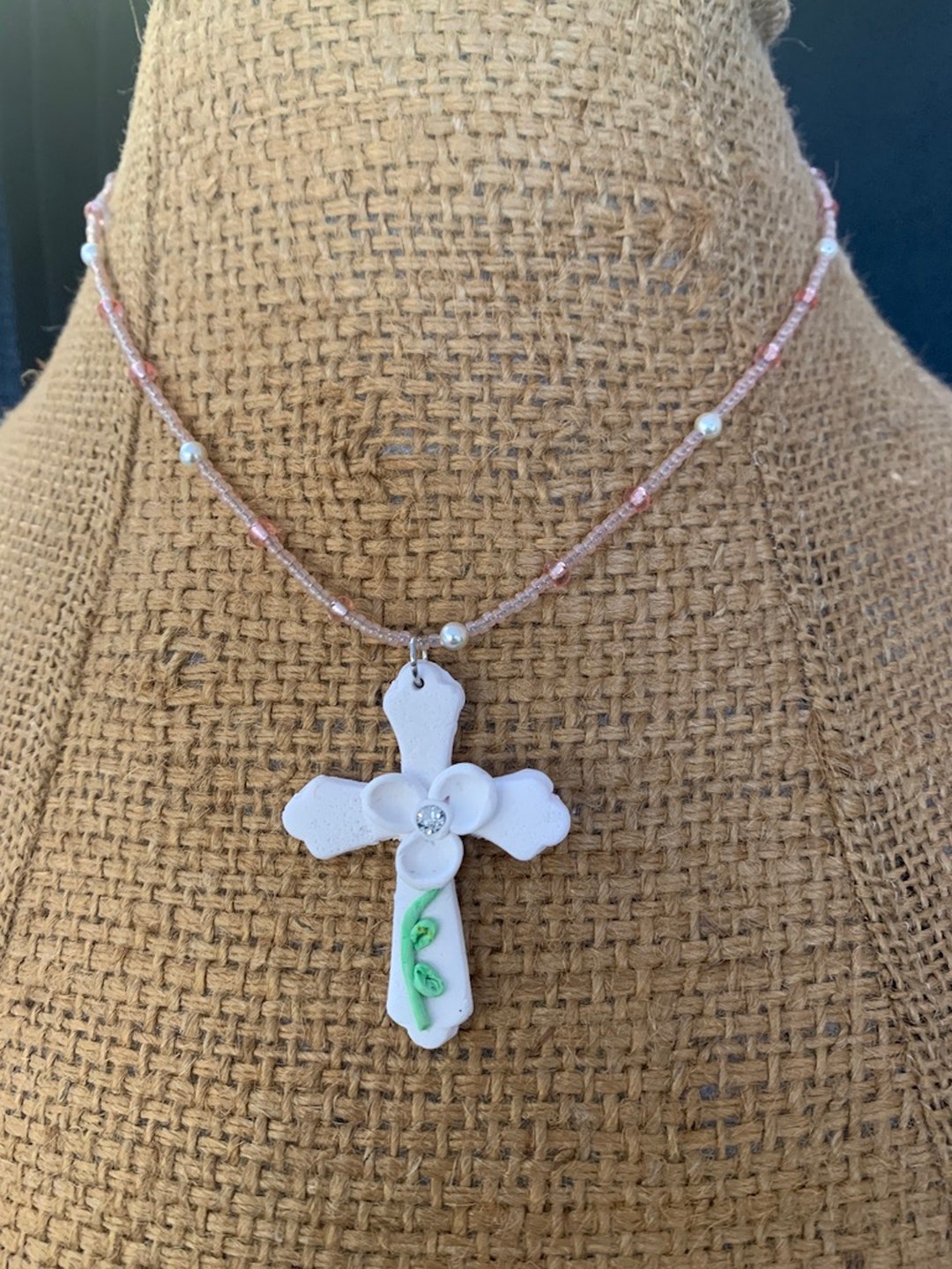 White Beaded Cross Necklace With White Flower, Pink Seed Bead Necklace ...