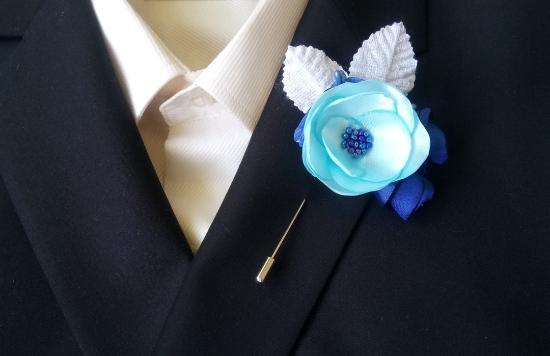Blue Lapel Pin Pale Blue Flower Boutonnière Groomsman Lapel Pin Men's ...