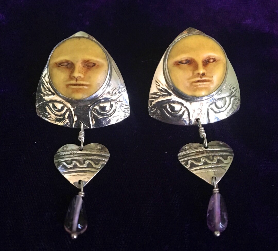 Boho Signed Tabra Carved Moon Face Embossed Sterling Silver Jaguar Eye ...