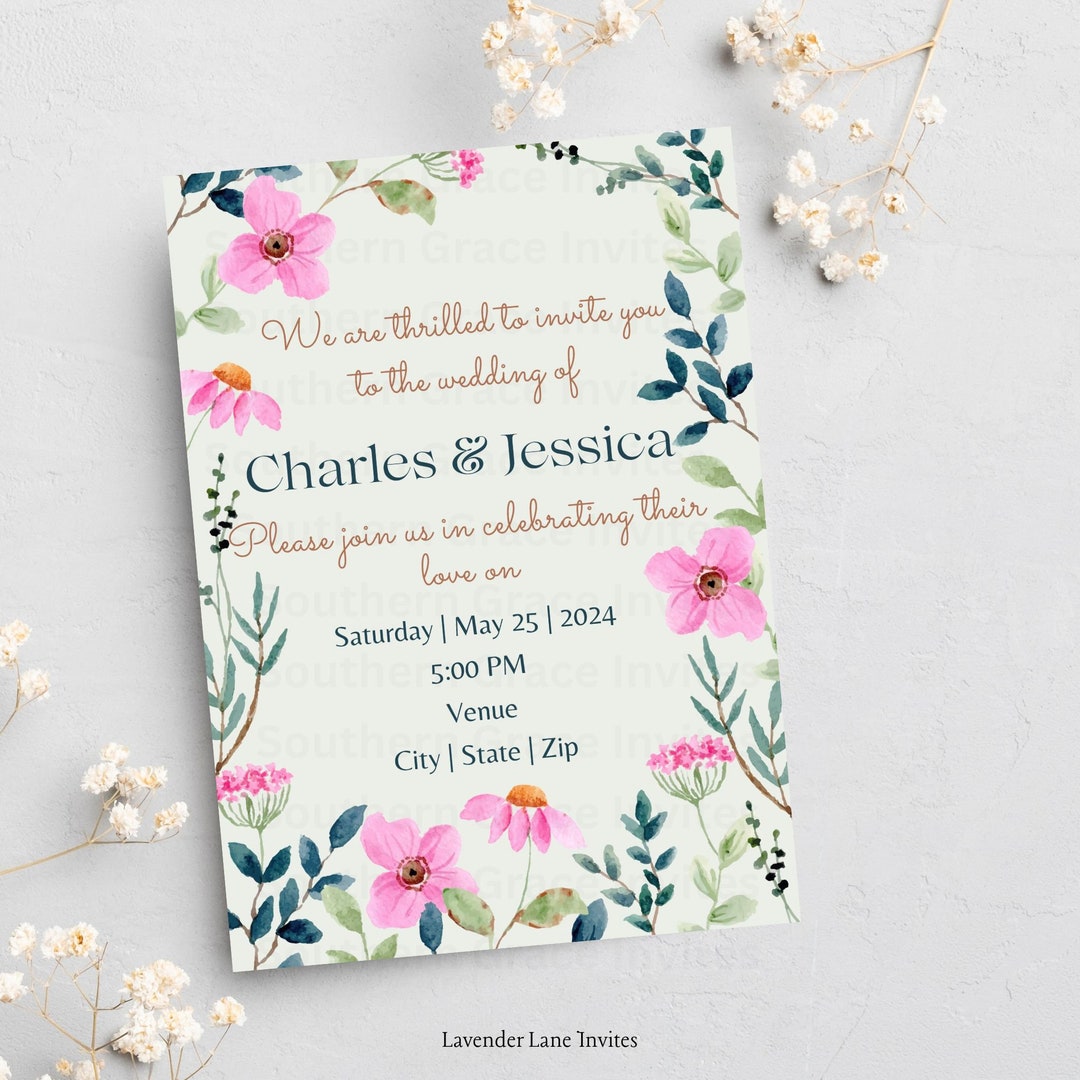 Watercolor Wildflower Wedding Invitation Template Botanical Invite ...