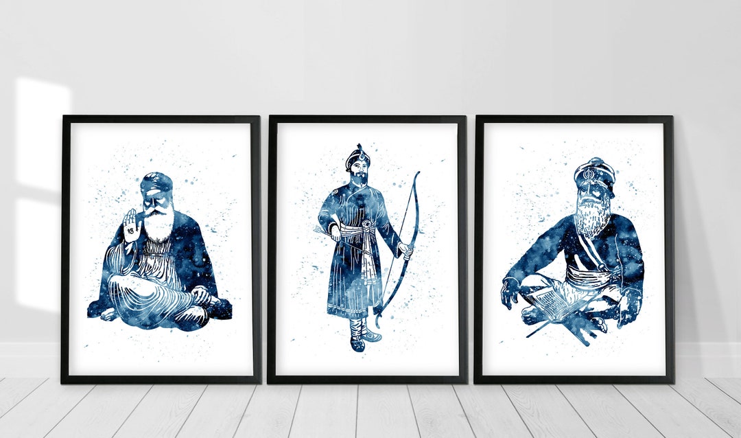 Sikh Gurus Wall Art, Set of 3 Prints Blue, Guru Nanak Painting, Guru ...