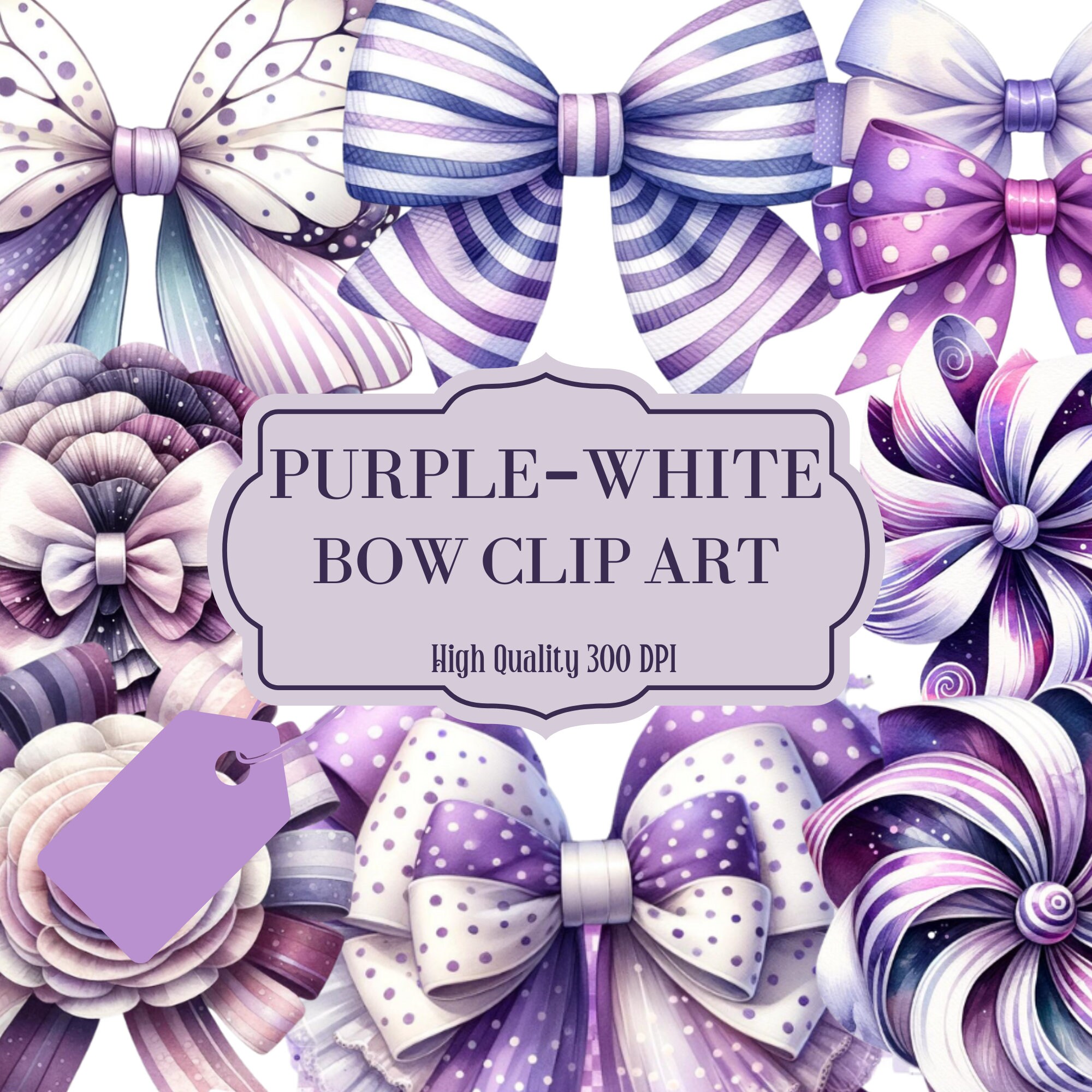 Set of 12 Coquette Bow Clip Art - Elegant Watercolor Bows in Purple ...