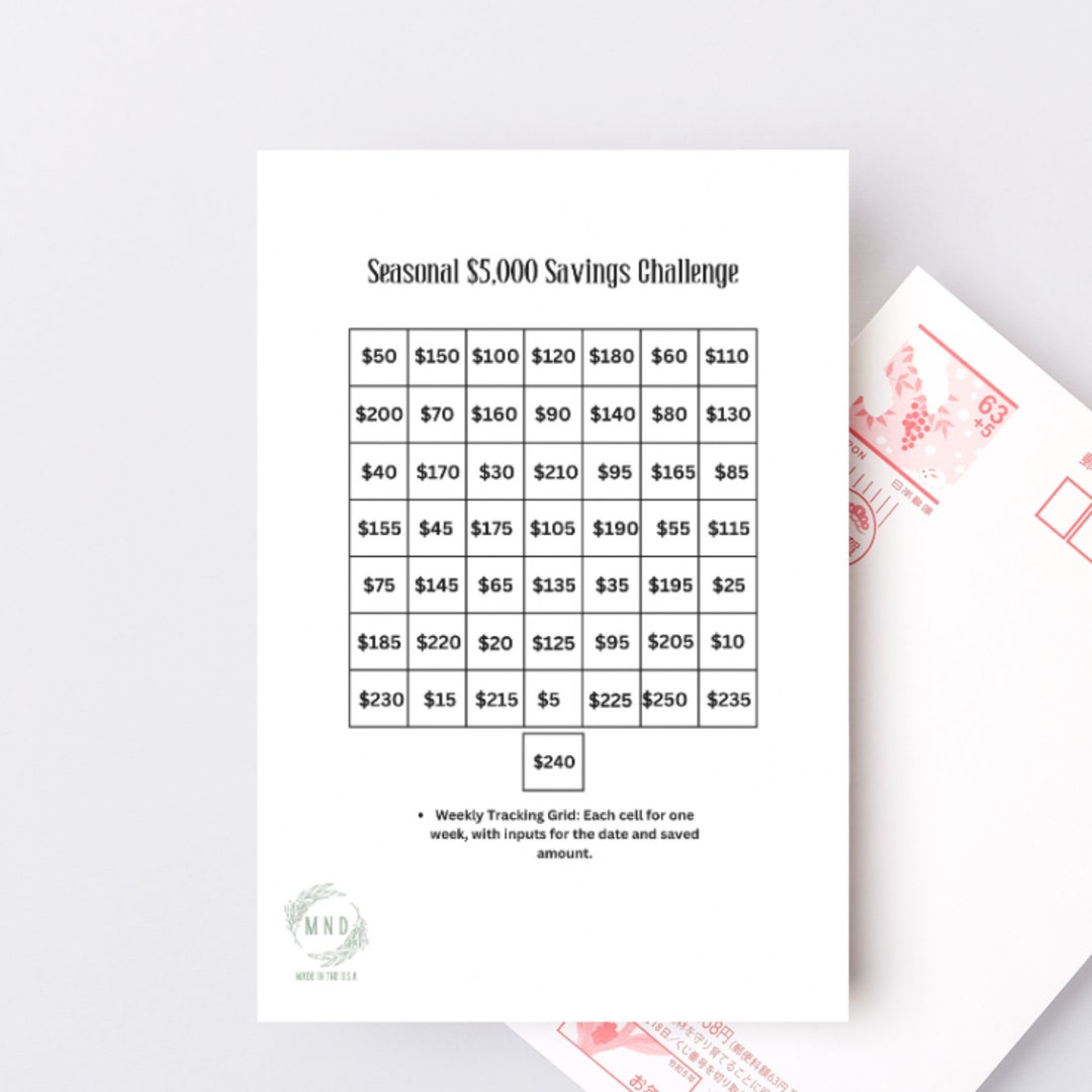 5,000 Seasonal Savings Challenge Printable in 50 Days - Daily Savings ...