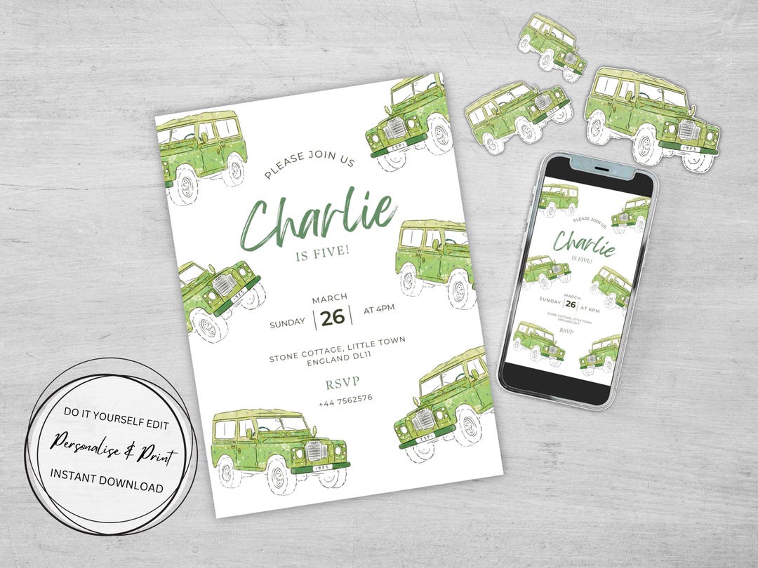 Land Rover Hand Drawn Floral Boys Birthday Invite With Landy Clip Art ...