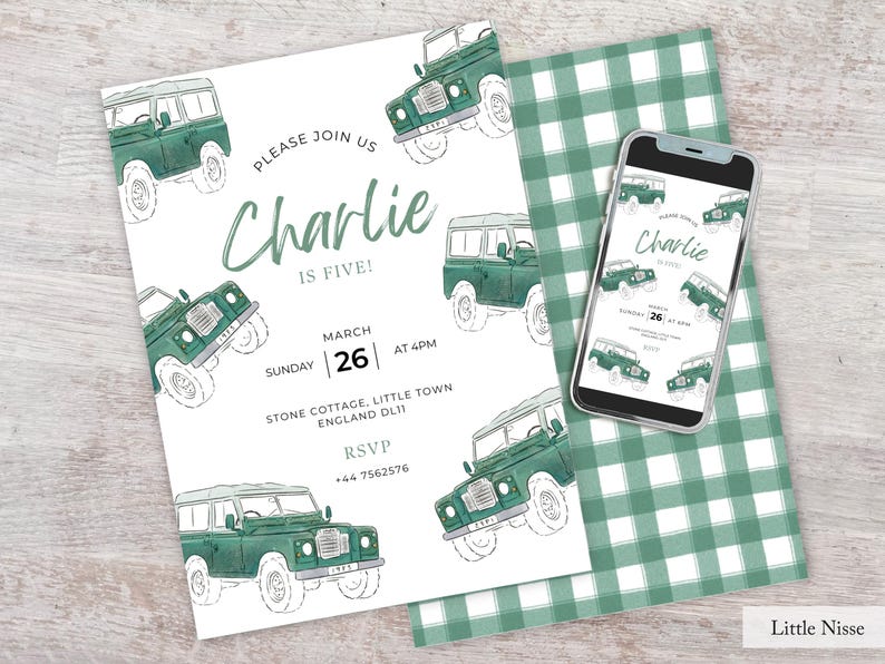 Land Rover Gingham Hand Drawn, Birthday Invite Blue / Green / Brown ...