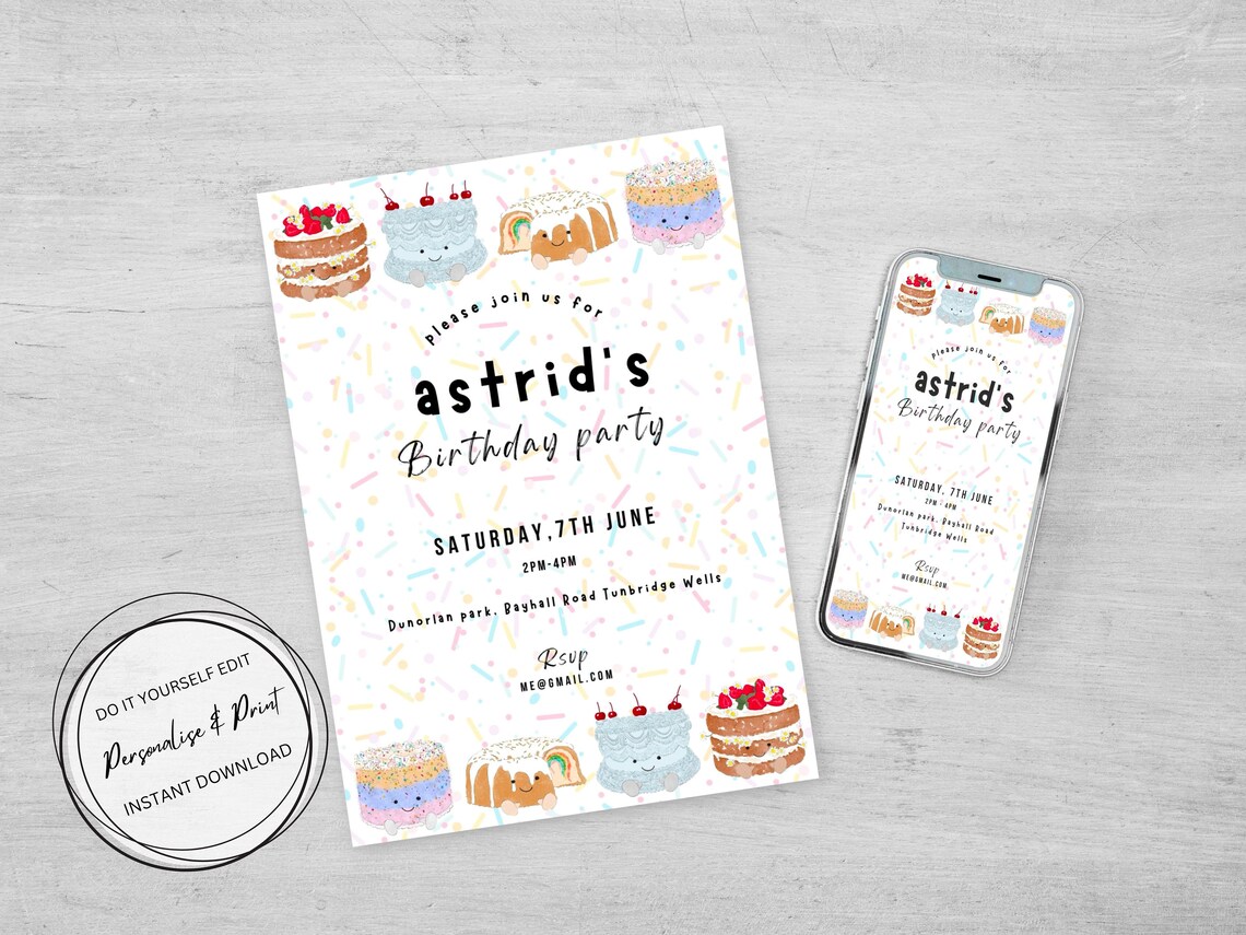 Jellycat Inspired Cake Illustration Invitation Template Birthday Invite ...