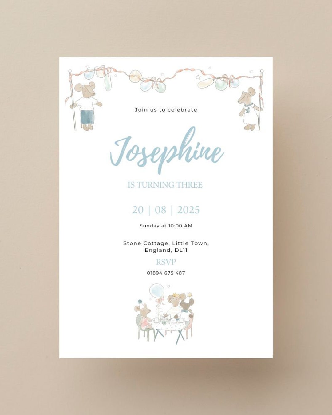 Maileg Mice Invitation Template Cute Girls Birthday Invite Instant ...