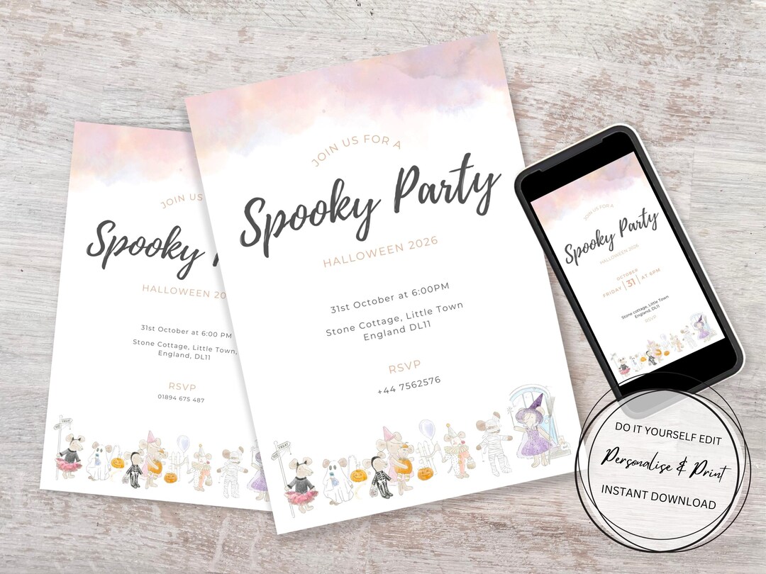 Mice Invitation Template Cute Halloween Spooky Party Invite - Instant ...