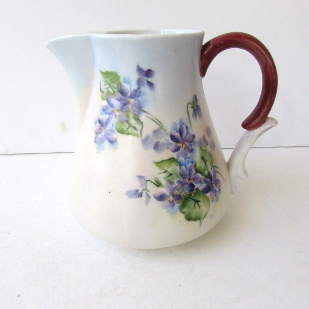 Porcelain Pitcher Hand Painted Violets - Vintage - White - Violet ...