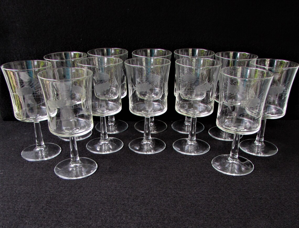 Mid Century Barware Wine Glasses Etched Glass Water Goblets | Etsy