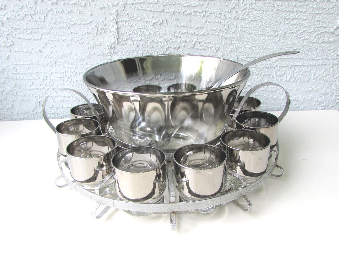 Vintage Punch Bowl Set - Mid Century Modern Barware - Silver Ombre ...