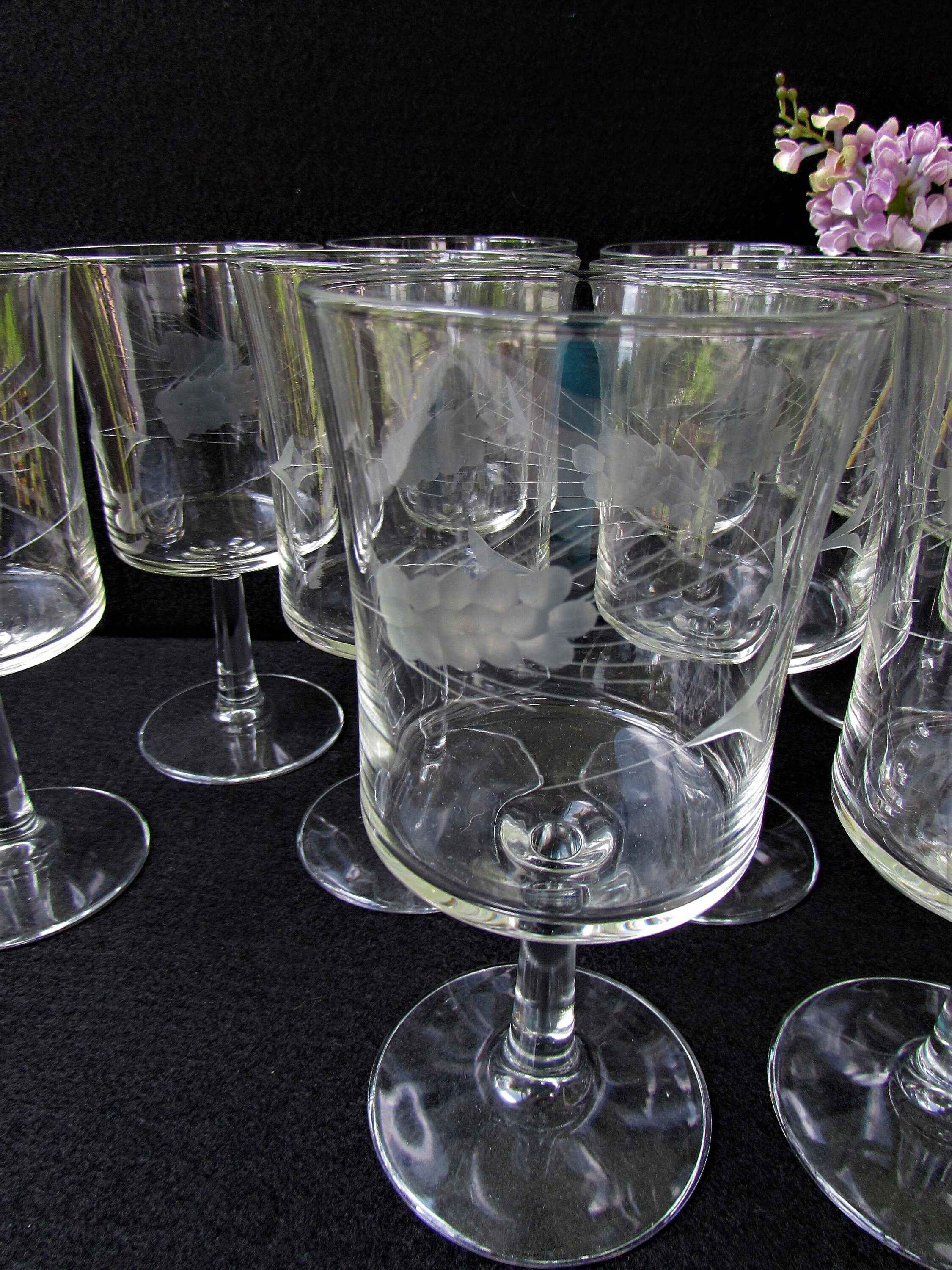 Mid Century Barware Wine Glasses Etched Glass Water Goblets | Etsy