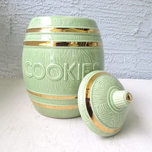 Vintage Acme Craftworks Cookie Jar - Green Ceramic Barrel With Gold ...