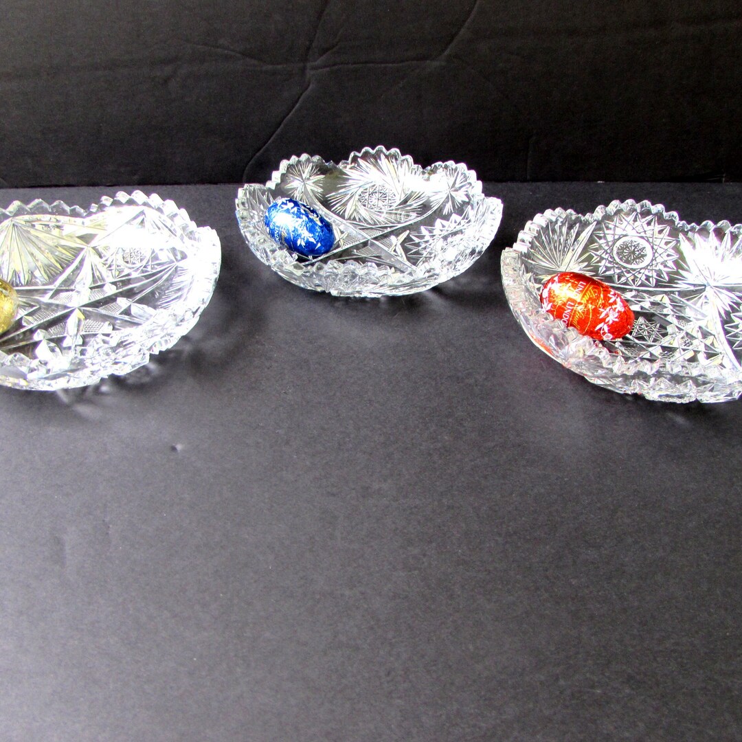 3 Antique Cut Crystal Bon Bon Dishes - ABC Glass Candy Dish - Heavy Cut ...