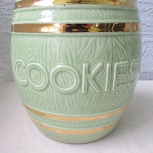 Vintage Acme Craftworks Cookie Jar - Green Ceramic Barrel With Gold ...