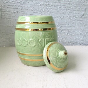 Vintage Acme Craftworks Cookie Jar - Green Ceramic Barrel With Gold ...
