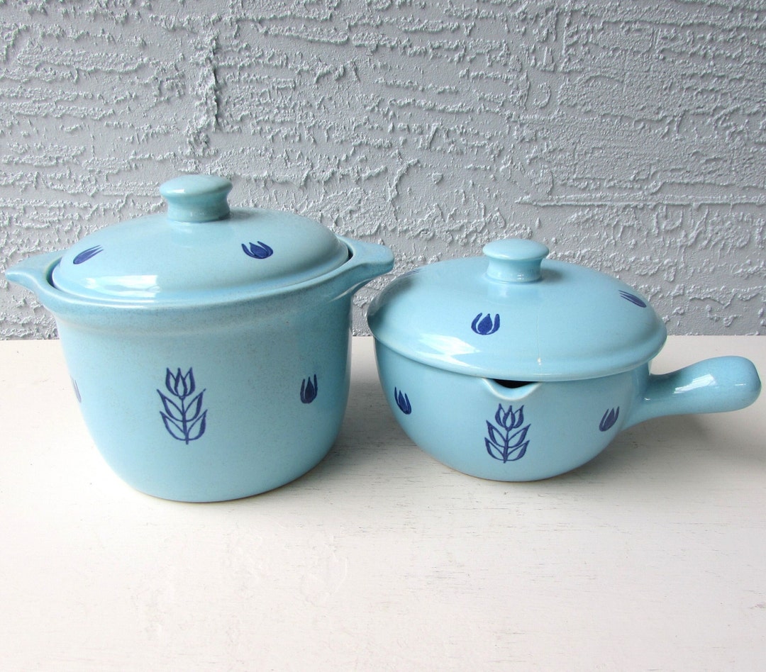 Vintage Cronin Pottery Bean Pot & Casserole Set: Blue Tulip Design - Etsy