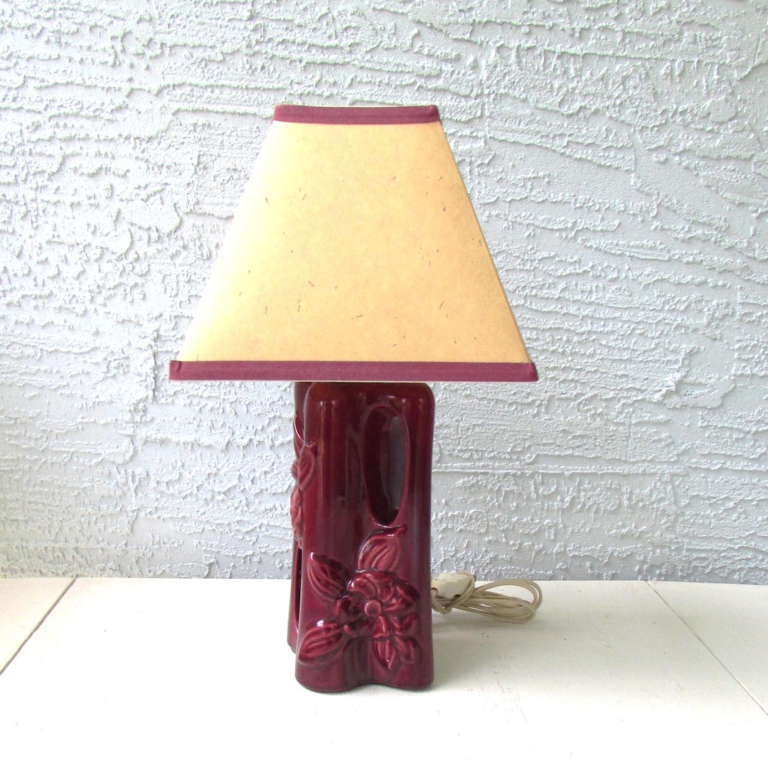 Vintage Red Ceramic Table Lamp - Mid Century Tropical Floral Design ...