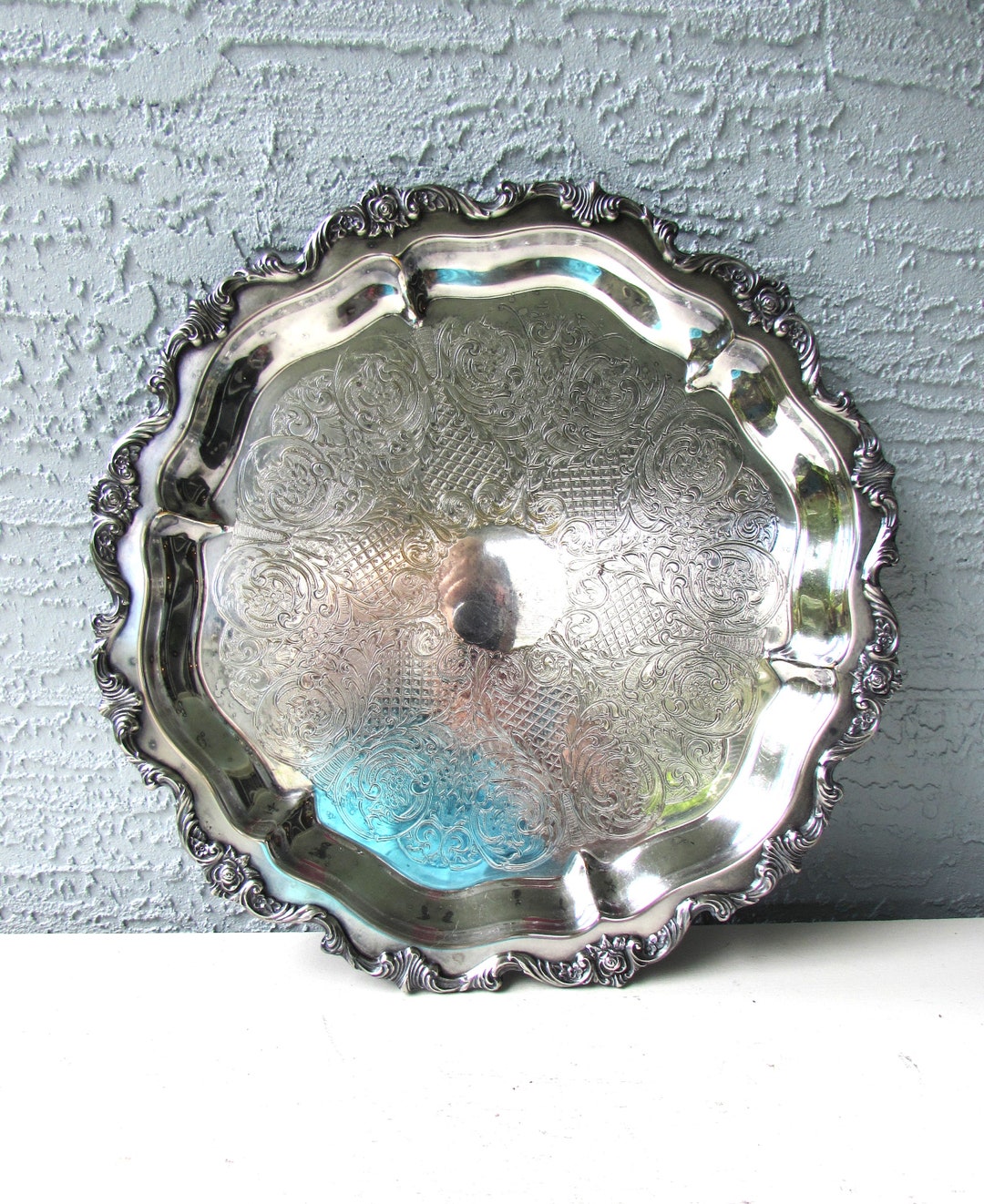 Vintage Silverplate Round Drinks Tray - Silver Plate Tray - Wallace ...
