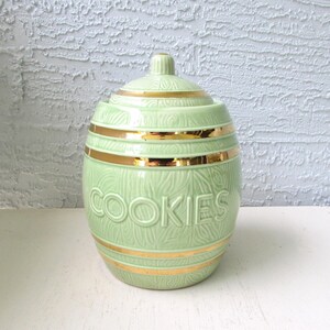 Vintage Acme Craftworks Cookie Jar - Green Ceramic Barrel With Gold ...