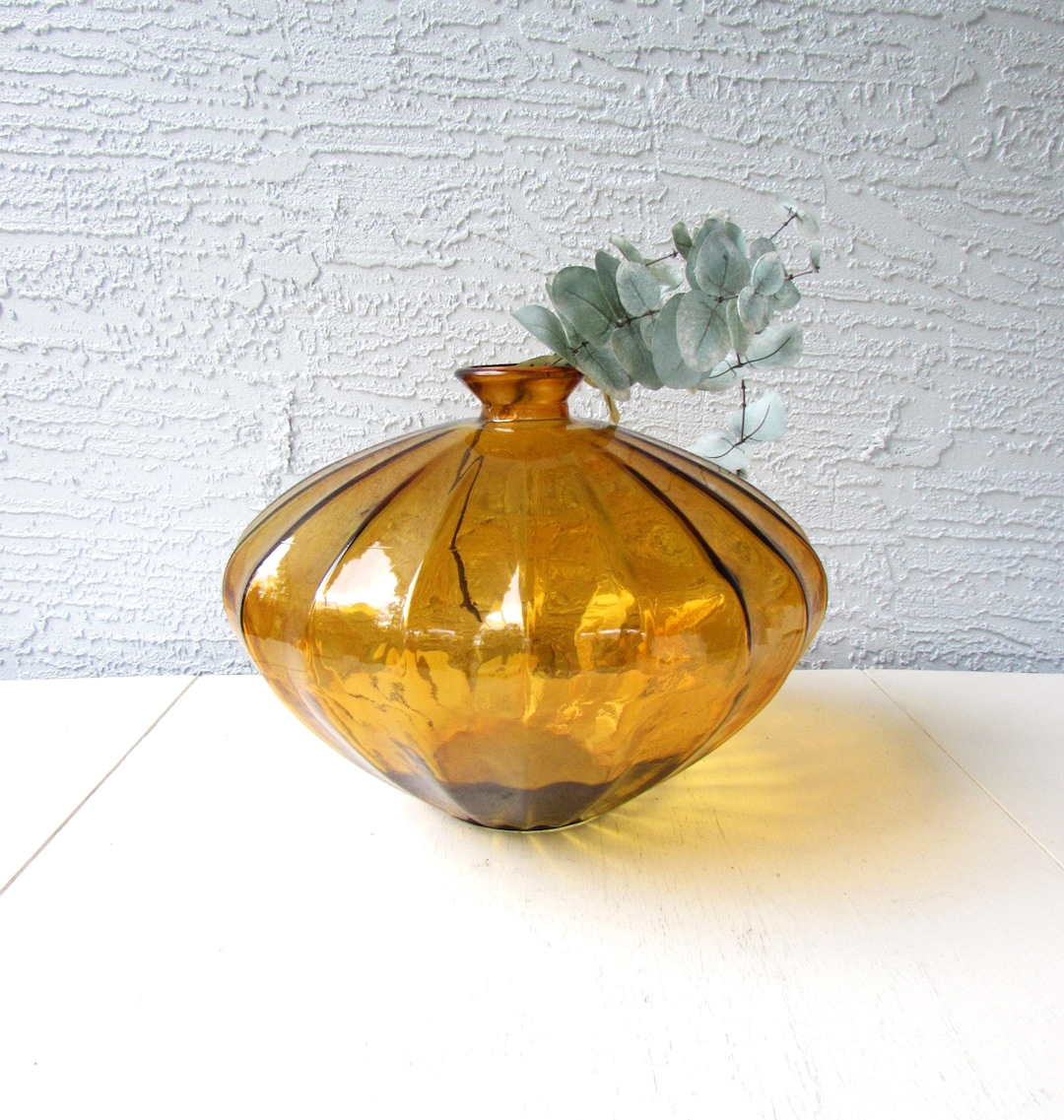 Vintage Amber Glass Large Vase - Extra Large Fluted Glass Vase ...