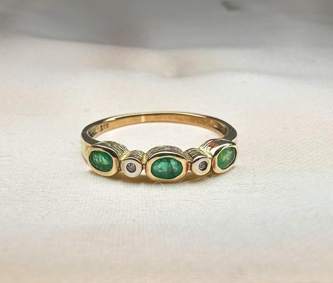 Antique German 8k Gold Ring, Five Stone Ring, Emerlad & Diamond Ring ...