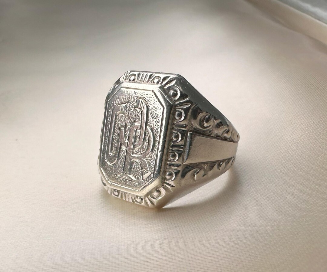 German Signet Ring 'WR' Monogram, Antique Silver Unisex Ring, Art Deco ...