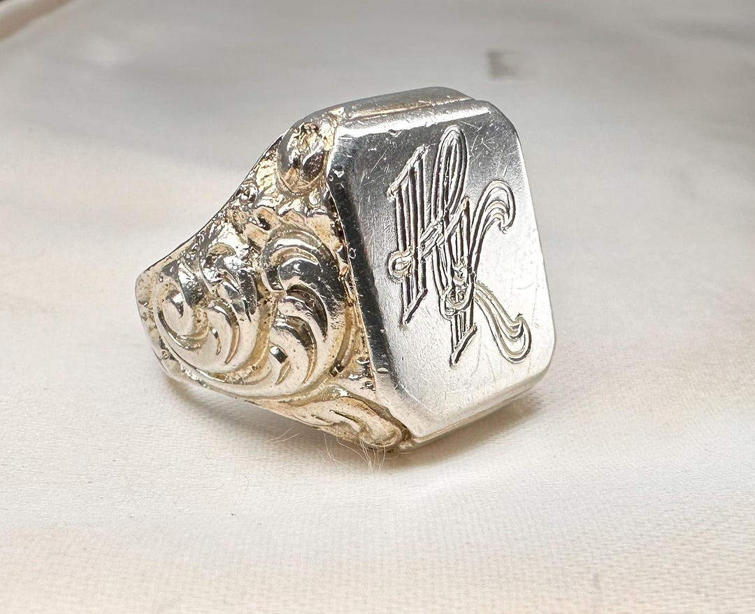 Antique German Silver Signet Ring, 1930s Signet Ring, Engraved 'HK', US ...