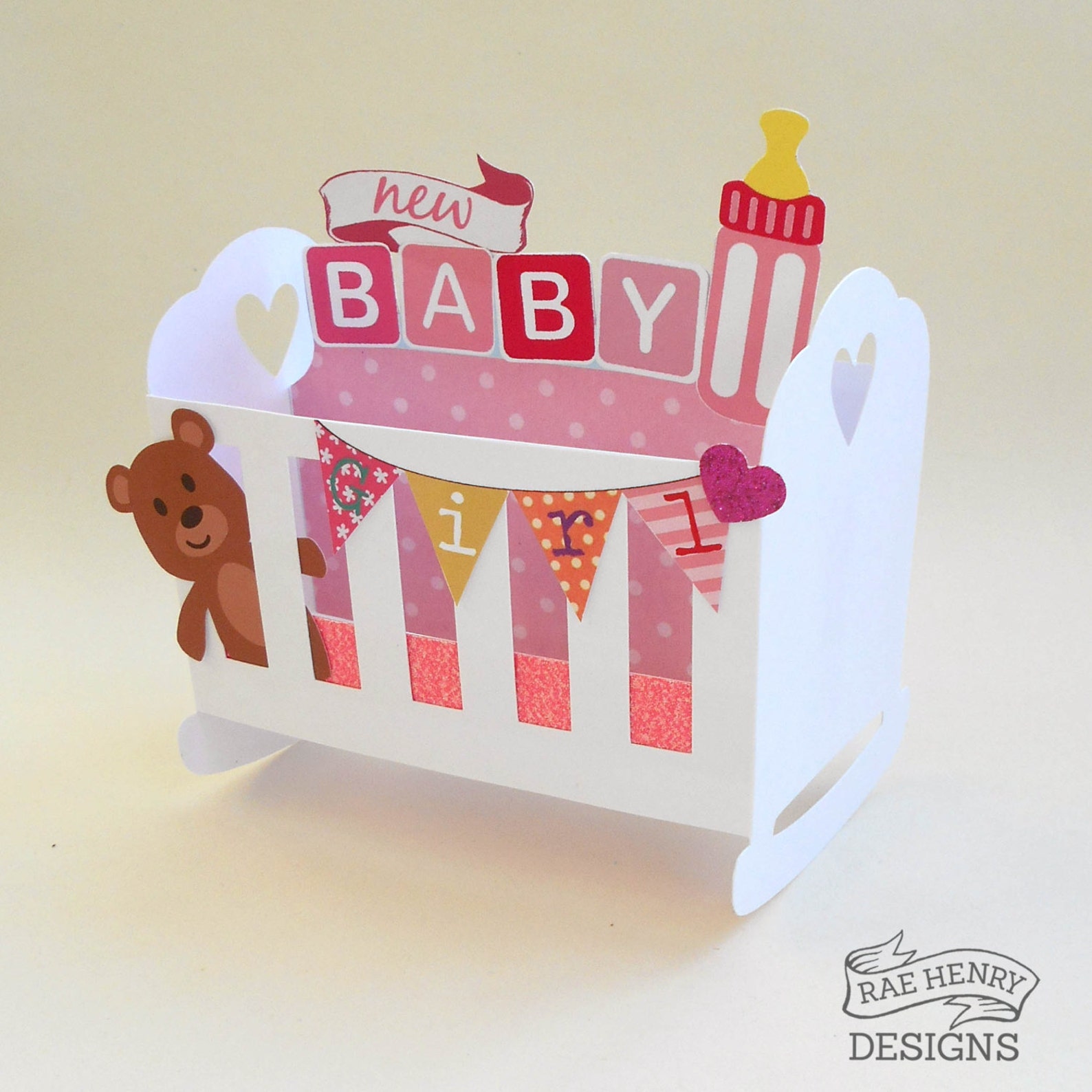 Pop up New Baby Girl Card 3-D Rocking Cot Crib Handmade Pink | Etsy UK