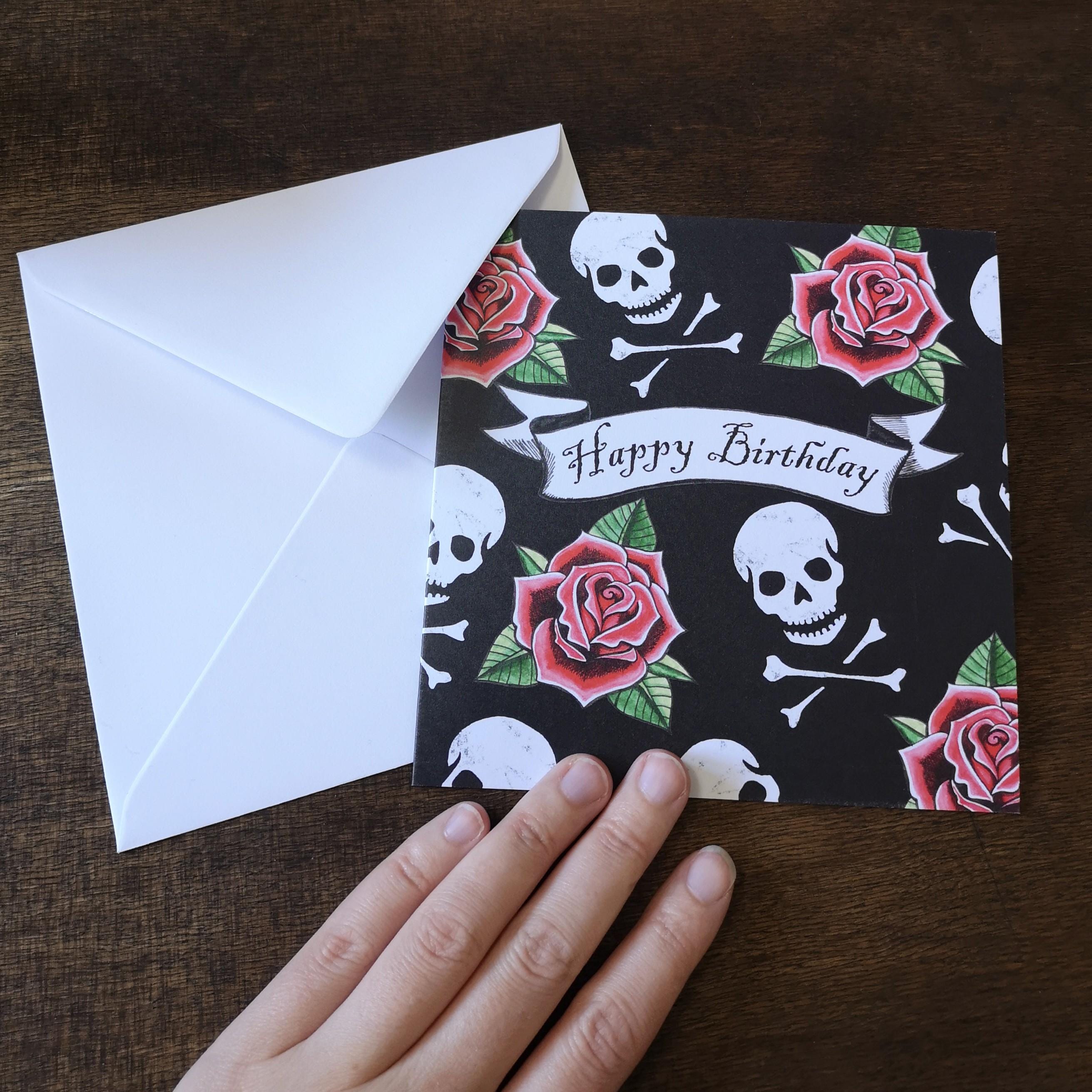 Tattoo Skulls & Roses Birthday Card Rockabilly Goth Psychobilly Pirate ...